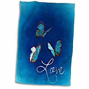 3D Rose Love Style with Butterfly and Blue Background Hand Towel, 15" x 22"