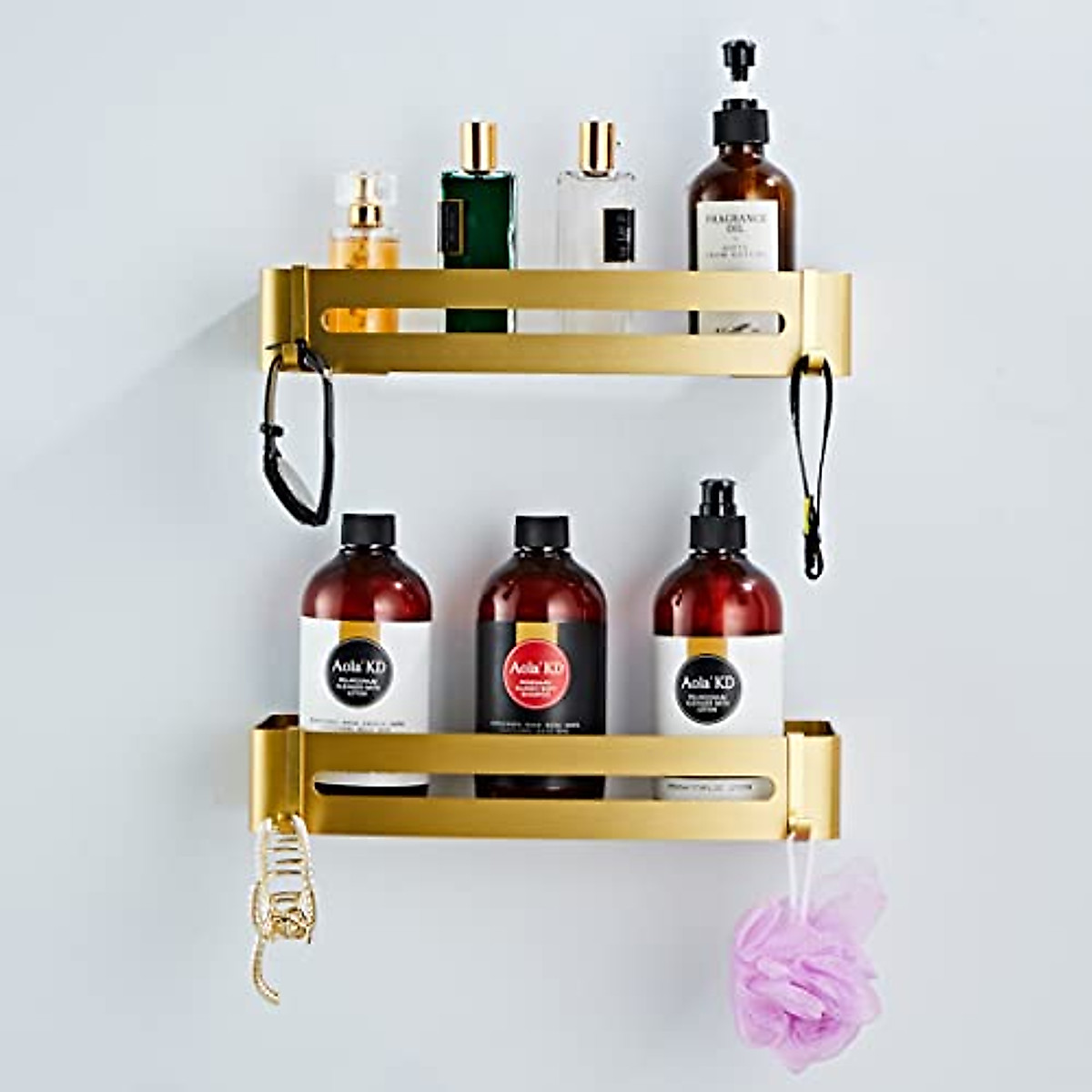 Brushed Gold Shower Shelf Adhesive or Drilling Shower Caddy Bathroom Cosmetic Shelf with Hooks