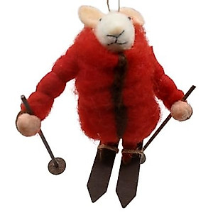 OnHoliday Wool Felt Skiing Mouse in Red Parka Hanging Christmas Tree Ornament.