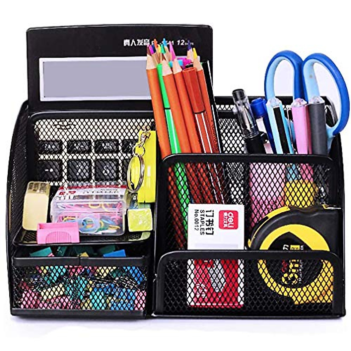 MONBLA Mesh Multi-Functional Stationery Storage Organizer Office Stationery Case Stationary Caddy Metal Desk Organizer Pencil Pen Holder 5 Compartments Black