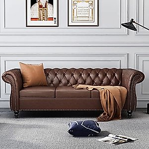 AVZEAR Leather Sofa 3 Seater Couch, Large Sofa Furniture Roll Arm Classic Tufted Chesterfield Settee Leather Sofa with Channel Tufted Seat Back for Living Room, Brown PU