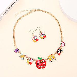 Teacher Earrings Necklace for Women Cute Back to School Apple Pencil School Bus ABC Chalkboard Owl Charms Pendant Necklace Hypoallergenic Notebook Drop Dangle School Student Earrings Jewelry Set Fun