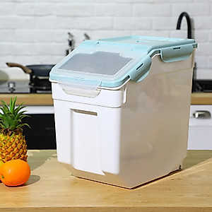 Sunnyray 4 Pcs 55 lbs Grain Rice Storage Container Blue Flour Bin with Wheels Cup Leak Proof Pet Food Storage Boxes Seal Locking Lid Plastic Rice Containers Set for Cereal Flour Cat Dog Food Kitchen