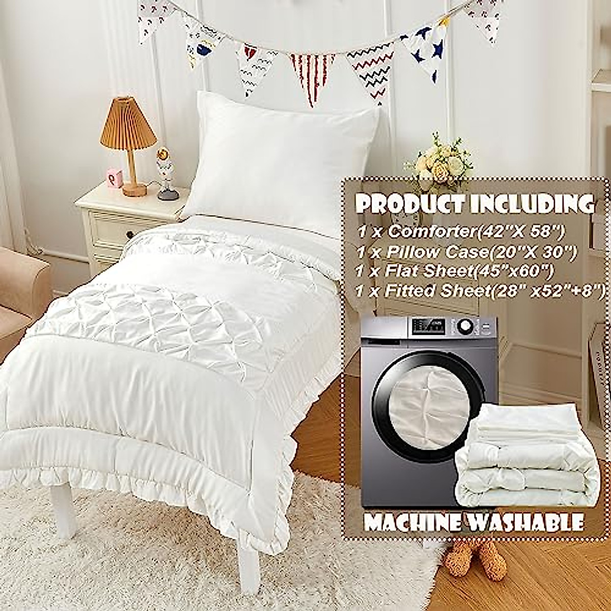 Toddler Bedding Set for Girls 4 Piece white Pinch Pleated Ruffle Fringe Pintuck Toddler Bed Comforter Sheet Set for Kids Bed-in-a-Bag Quilt Crib Set with Comforter,Flat Sheet,Fitted Sheet,Pillowcase