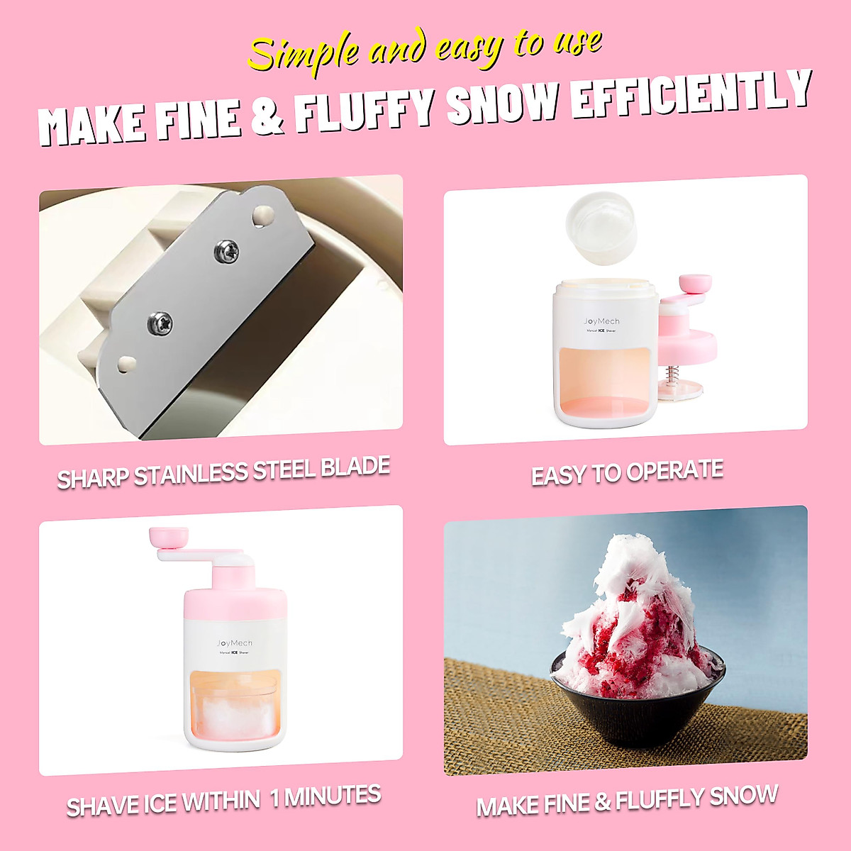 JoyMech Manual Shaved Ice Maker Machine Set with 10 Cardboard Cones, 10 Slushy Straws and 3 Ice Trays, Instant Ice Shaver, Snow Cone Machine, Ideal for making Snowcones and Slushy (Pink)