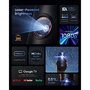 Nebula Anker Capsule 3 Laser 1080p, Smart, Wi-Fi, Mini Projector, Black, Portable Projector, Dolby Digital, Laser Projector, Autofocus, 120-Inch Picture, Built-in Battery, 2.5 Hours of Playtime