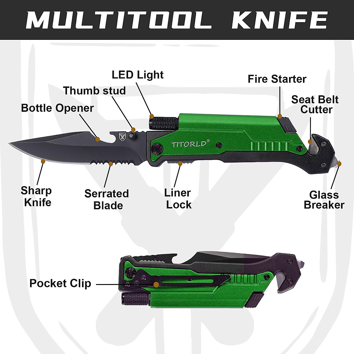 Gifts for Men Dad Him, Anniversary Birthday Gifts for Him, Engraved Pocket Knife, Unique Camping Hiking Fishing Present, 7 in 1 Multitool Folding Knives with LED Light Fire Starter(Green)