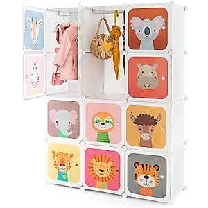 Nightcore Kids Wardrobe Closet, Portable Cartoon Clothes Closet DIY Modular Storage Organizer, Sturdy and Safe for Children, 12 Cubes & 2 Hanging Sections, Kids Wardrobe for Bedroom Nursery (White)