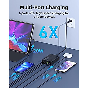 USB C Charger, Wuoertim 96W 6 Port USB C Charging Station, Portable Multiport USB C Wall Charger PD Fast Adapter with 3 USB-C Ports +3 USB-A Ports for iPhone 14 13 Pro Max,iPad Series, Samsung Galaxy