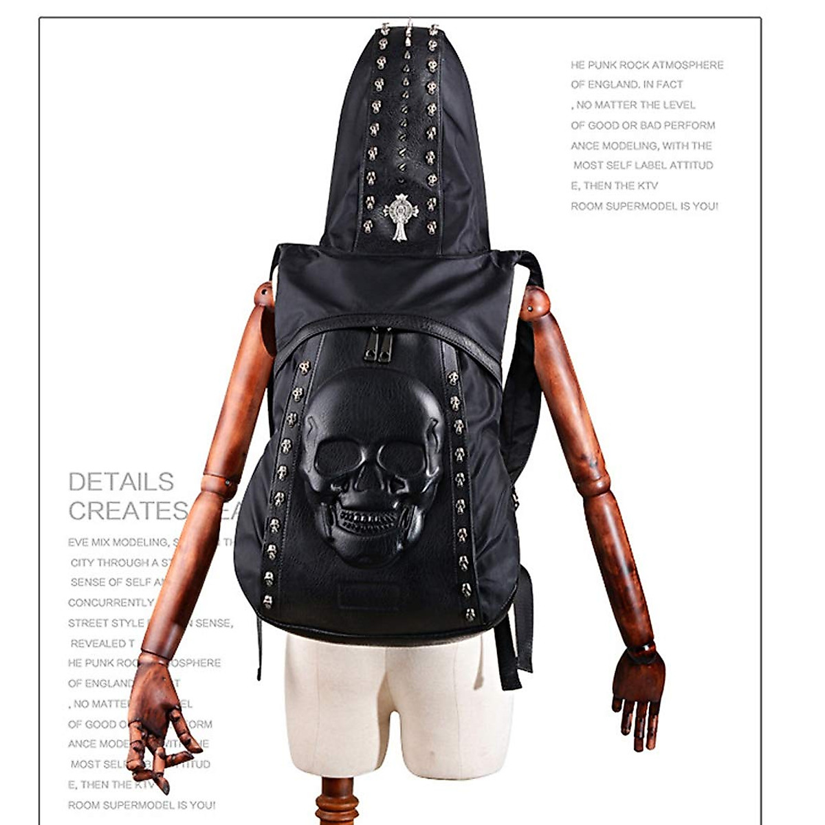 nice--buy Skull Punk Art Fashion Backpack Hooded Rivet Studded Biker Purse Gothic 3D Skull PU Leather Bookbag Python Daypack Shoulder Bag Laptop Bag