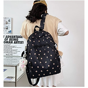 Floral Backpack with Kawaii Plush Puppy Pendant Accessories Cute Multi-Pockets Aesthetic Back to School Bookbag Laptop (Black)