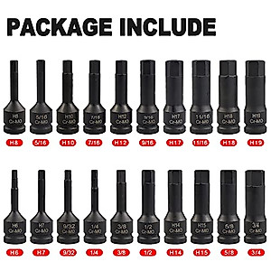 SEKETMAN 20Pcs 1/2" Drive Master Impact Hex Bit Set，Allen Bit Socket Set，1/4" - 3/4", 6mm - 19mm，SAE/Metric， Cr-Mo