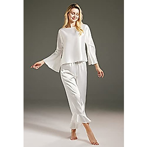 AW BRIDAL 3Pcs Sexy Womens Pajama Sets - Long Silk Pajamas Pj Pants With Flounce, Personalized Pajamas For Women, White, S| Clever Bridal Shower Gifts Bachelorette Gifts For Bride Pajamas