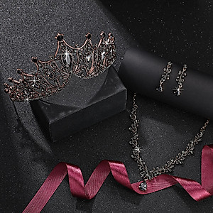 Hicarer 3 Pieces Baroque Queen Crown Set, Tiara Earrings Necklace Crystal Headband Tiaras and Crowns for Women Bridal Wedding Jewelry Halloween Prom Birthday Party Hair Costume Accessories (Black)