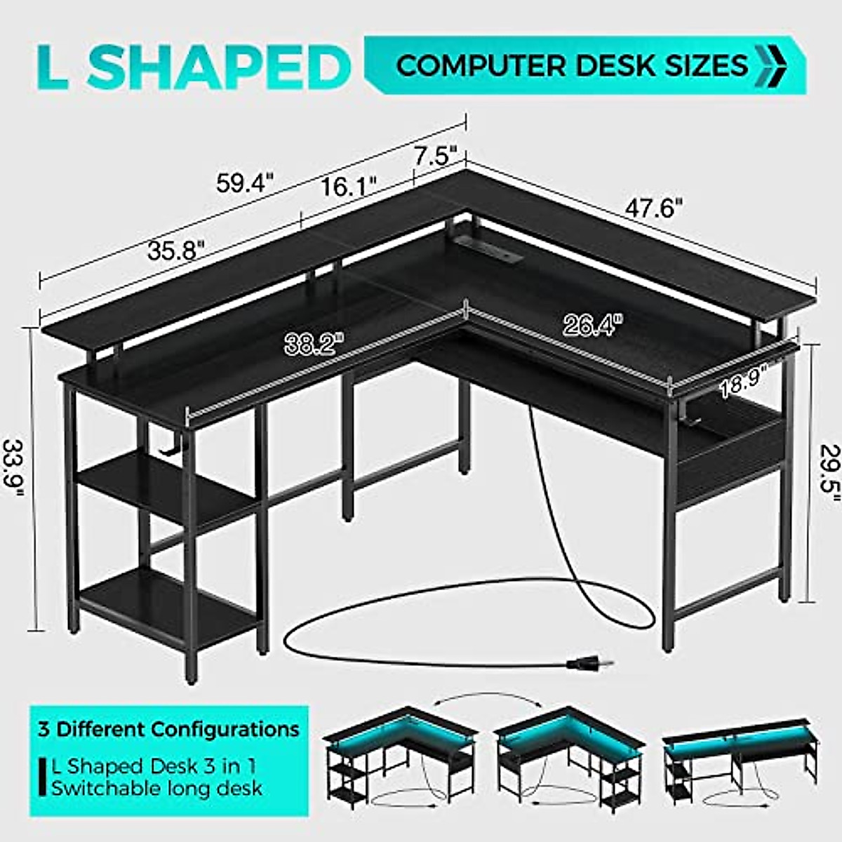 Rolanstar Computer Desk L Shaped with LED Strip & Power Outlets, Reversible L Shaped Computer Corner Desk with Monitor Stand, Home Office Gaming Desk with USB Port&Hook, Black