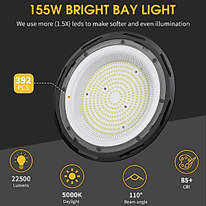 155W UFO LED High Bay Light with Reflector 22,500lm 5000K LED High Bay Lights AC110-277V 5' Cable with Plug Waterproof UFO Lights for Garage Shop Factory Warehouse ETL Listed
