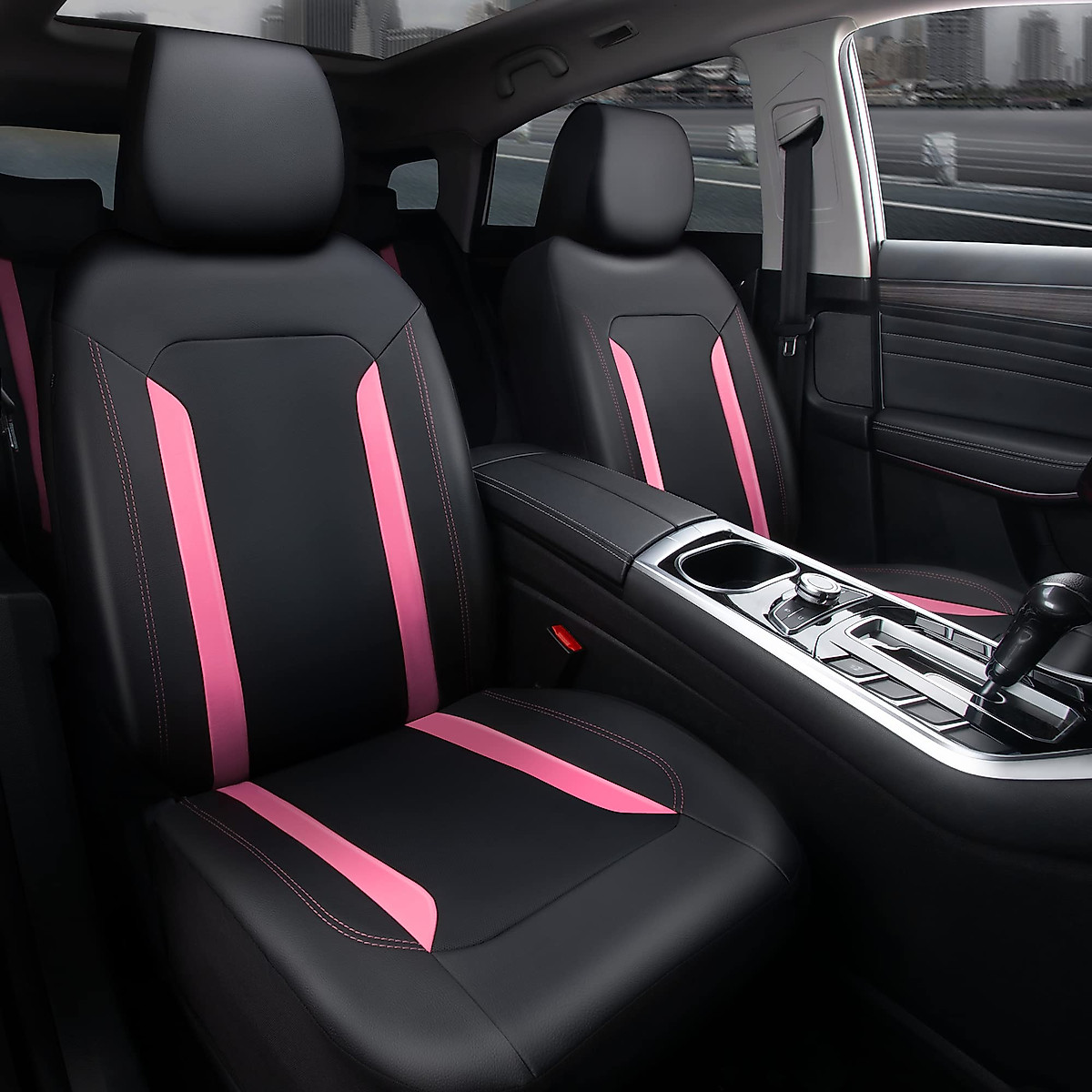 CAR PASS Black Pink Leather Car Seat Covers Full Set, Waterproof Durable Faux Leather Seat Covers 5 Seats Cushion Protector, Rear with Zipper, Airbag Fit for Women SUV Pick UpTruck Sedan Vehicle Auto