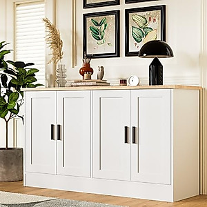 Anystyle 53.1“W White 4 Door Buffet Cabinet, Coffee Bar Cabinet with Adjustable Shelf, Kitchen Buffet Sideboard for Living Room, Kitchen