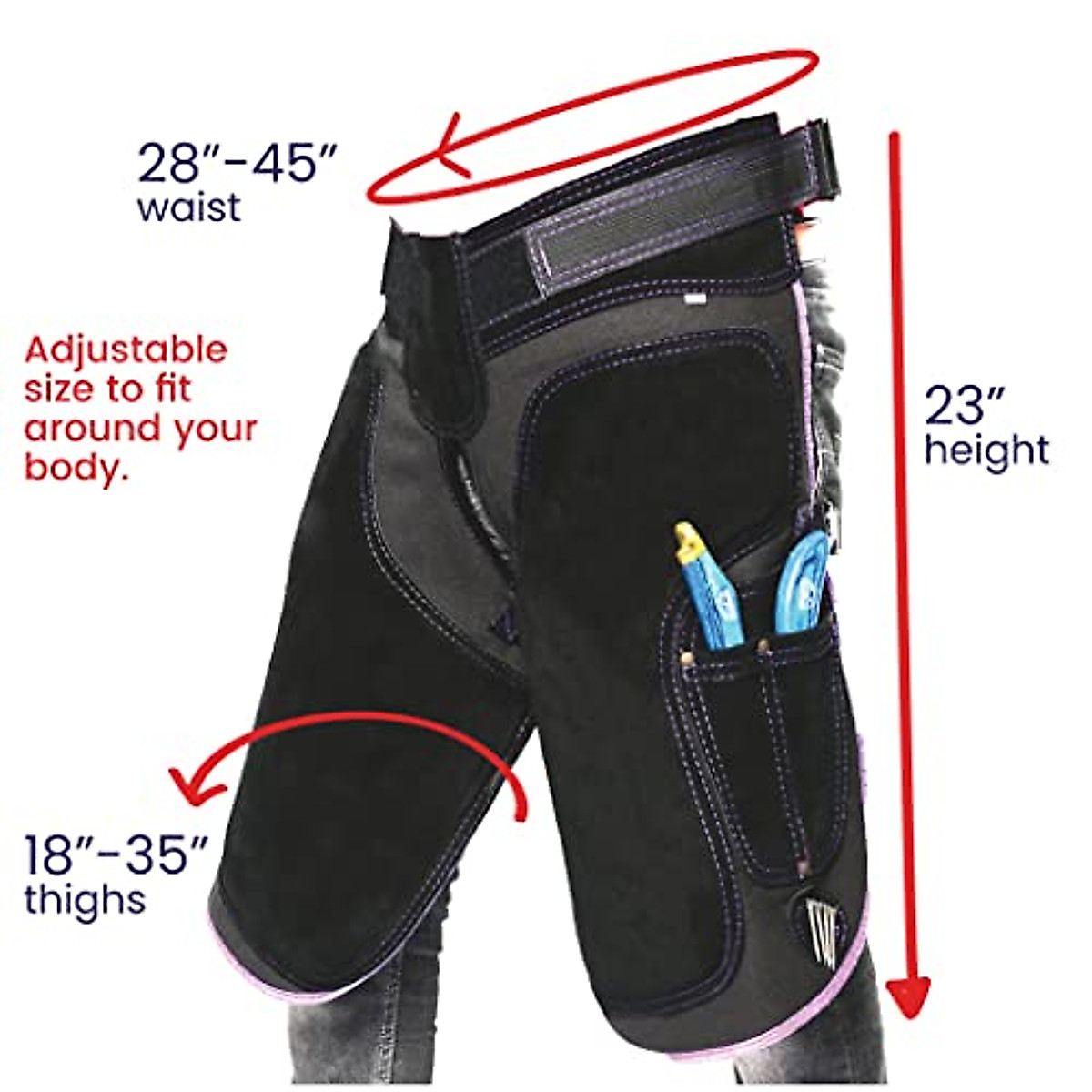 Equine Care Women's Farrier Apron with 4 Knife Pockets, 2 Nail Magnets, and Back Support - Cowhide Suede Leather and Canvas Chaps, 23 Inches-59CM