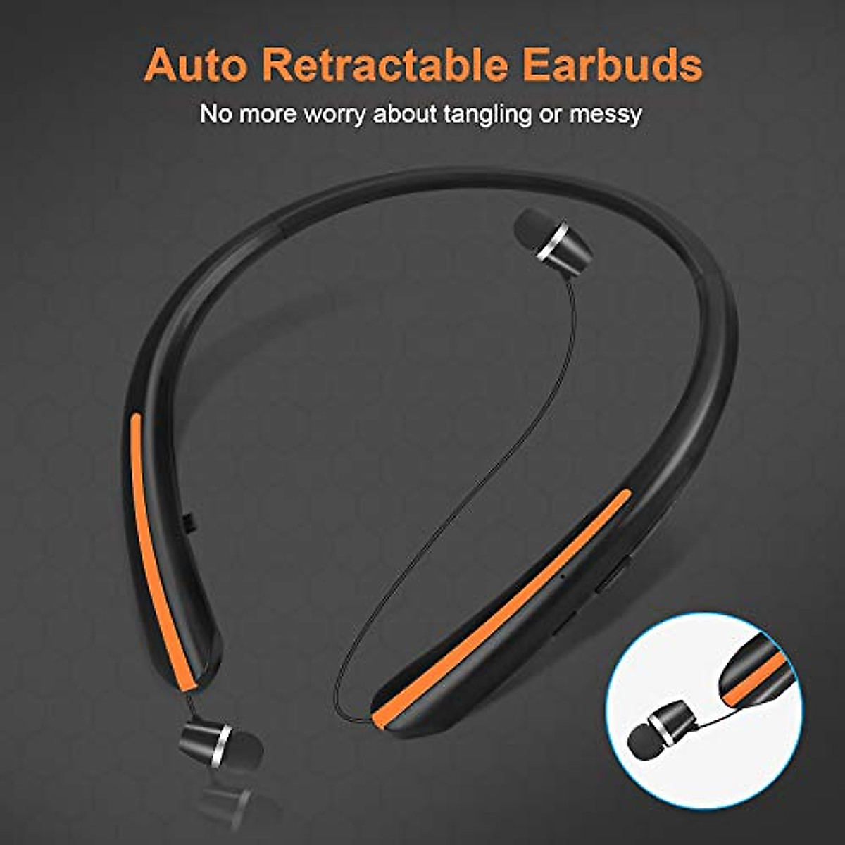 Bluetooth Retractable Headphones, Wireless Earbuds Neckband Headset Noise Cancelling Stereo Earphones(Orange)