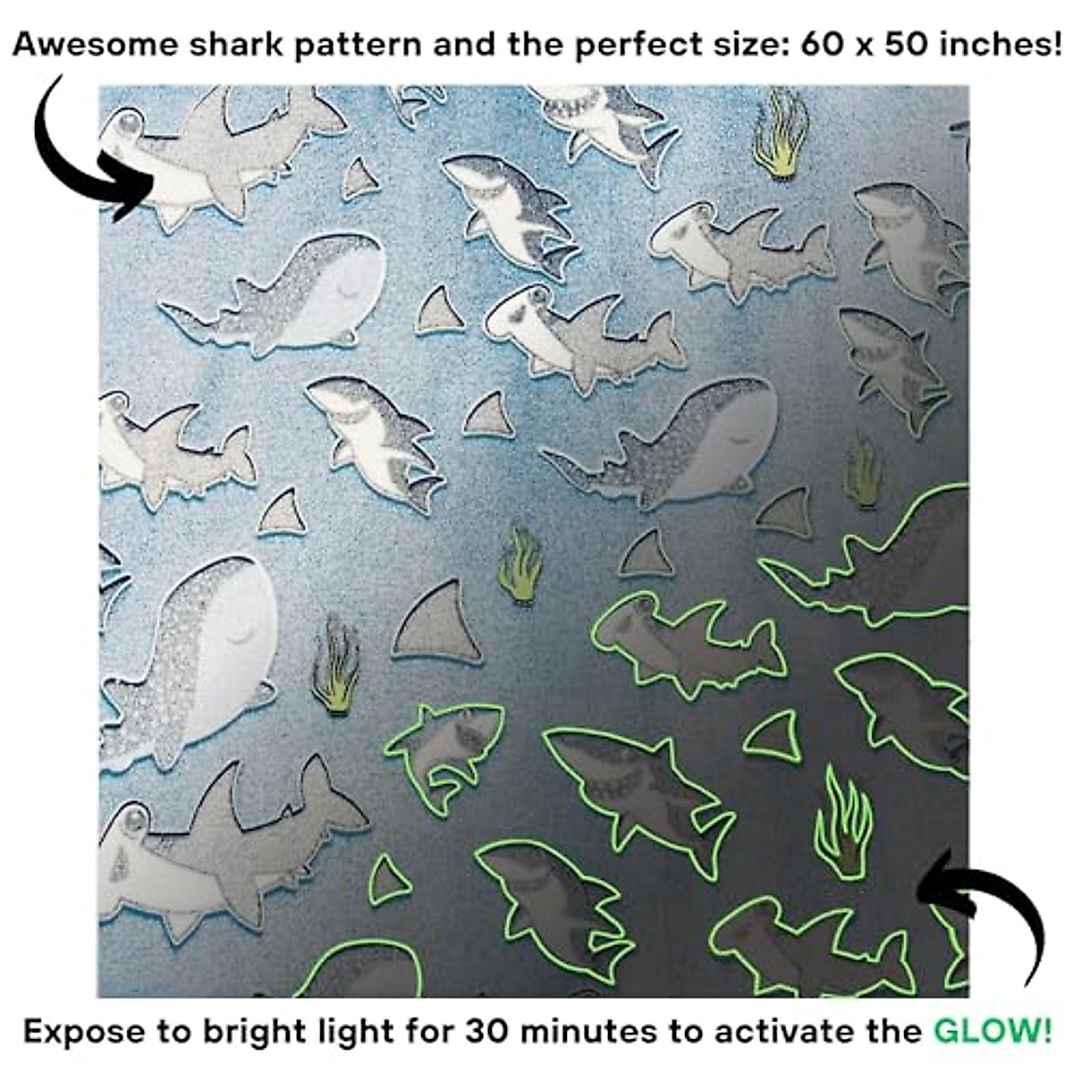 Shark Throw Blanket: Glow in The Dark, Cozy, Soft, Lightweight, Warm, 50" x 60" Fleece Shark Blanket for Boys and Girls with Hammerhead, Mako, Blue, Whale, and Great White Sharks! (Blue)