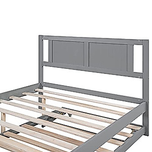 Goohome Full Size Platform Bed with Adjustable Trundle, Wooden Full Bed Frame with Headboard, Sturdy Slat Support, No Box Spring Needed