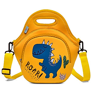 VASCHY Lunch Bag for Kids, Insulated Neoprene Lightweight Lunch Box Bag for Children Boys and Girls School Daycare Kindergarten Yellow Dinosaur