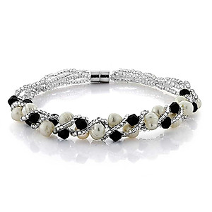 Gem Stone King White Cultured Freshwater Pearl and Black Crystal Necklace Bracelet Wedding Jewelry Set for Women | Necklace 17 Inch | Bracelet 7 Inch