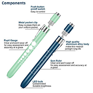 Pen Lights for Nurses Doctors, Opoway Medical EMT EMS Penlight with Pupil Gauge, Reusable LED Pen Light Flashlight for Physician Clinical Eye Exam Nursing Students Veterinary with Batteries Green&Blue