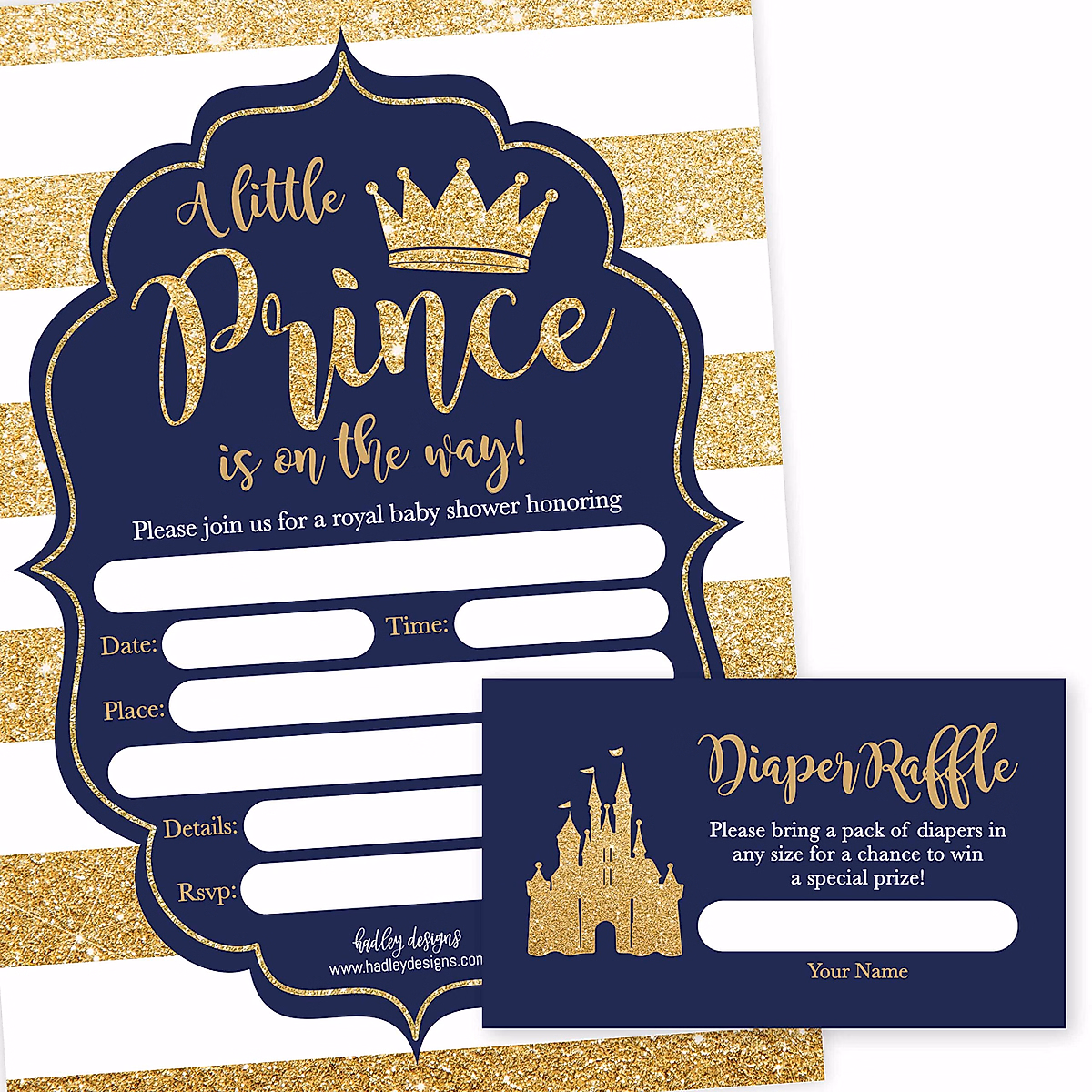 Hadley Designs - 25 Little Prince Baby Shower Invitations, 25 Baby Shower Diaper Raffle Tickets For Baby Shower Boy, Navy & Gold Fill or Write in Card, Diaper Raffle Cards