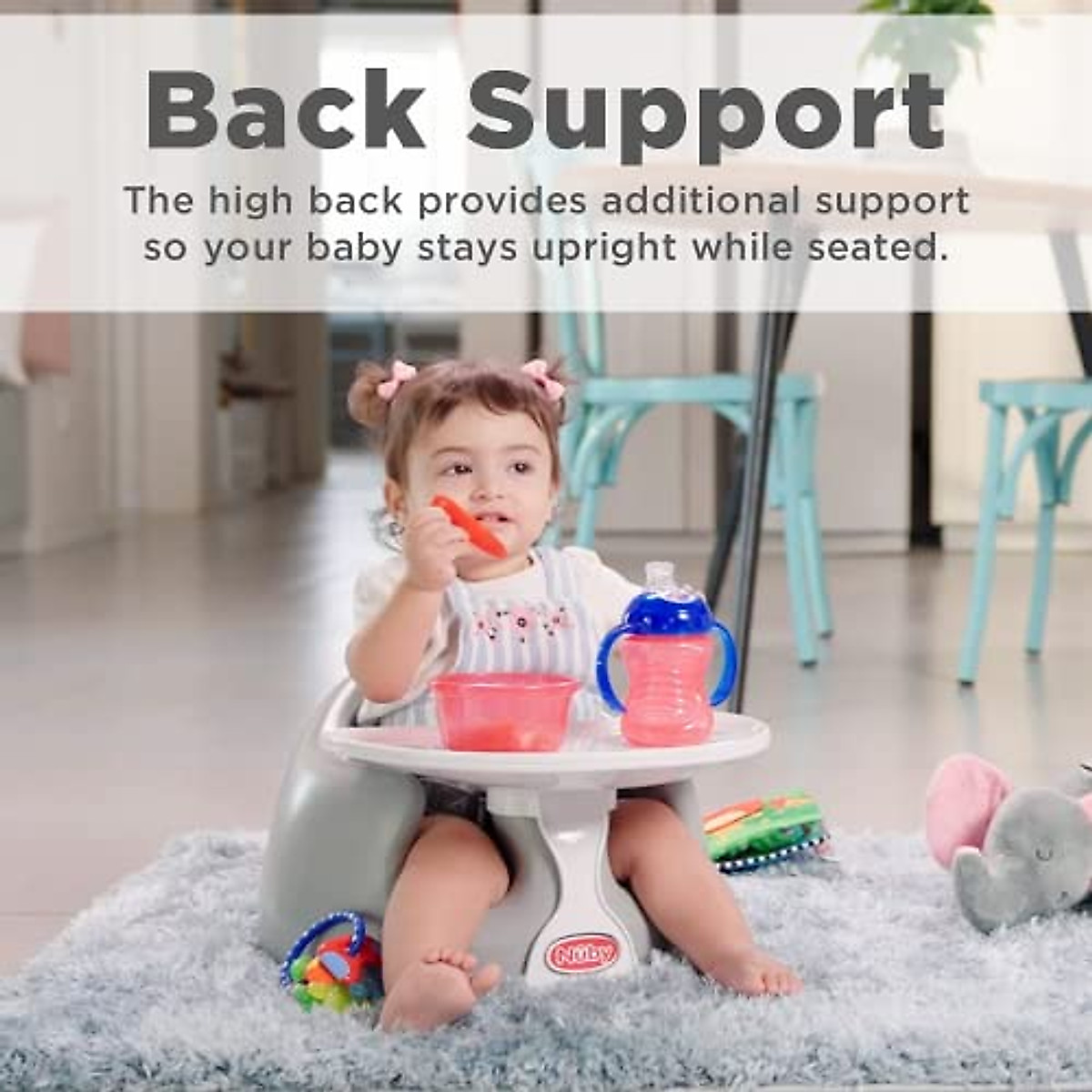 Nuby My Floor Seat, Soft Foam Cushion with Safety Harness and High Back Design, for Ages 4-12 Months, Gray