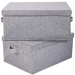 HOONEX Linen Foldable Storage Bins with Lids, 2 Pack, Storage Boxes with Carrying Handles and Study Heavy Cardboard, 16.5" L x 11.8" W x 7.5" H for Toy, Shoes, Books, Clothes, Nursery, Light Grey