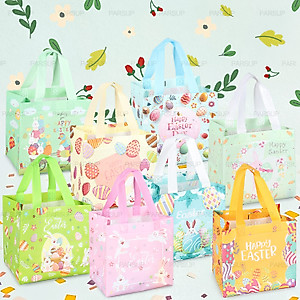 16PCS Happy Easter Egg Hunt Bags Easter Bunny Carrot Chick Egg Gift Bags with Handles, Easter Treat Bags, Multifunctional Non-Woven Easter Bags for Gifts Wrapping, Egg Hunt, Easter Party Supplies , 8.3×7.9×5.9inch