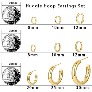 Cuicanstar 9 Pairs Chunky Gold Hoop Earrings Lightweight 14K Gold Hoops Earrings Minimalist Cubic Zirconia Huggie Earrings Set for Women