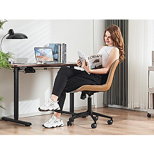 YOUNIKE Office Chair, Armless Desk Chair with Wheels, Home Office Computer Task Chairs, Modern Faux Leather Upholstered Vanity Chair, Adjustable Swivel Rocking Chair with Back, Saffron Tan