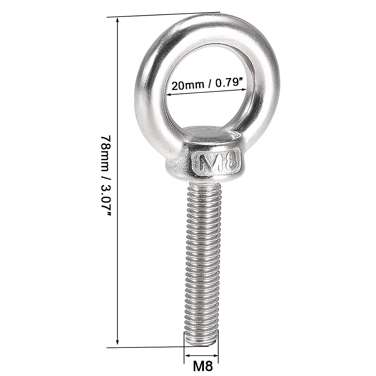 uxcell Lifting Eye Bolt M8 x 40mm Male Thread 304 Stainless Steel for Hanging, Pack of 5