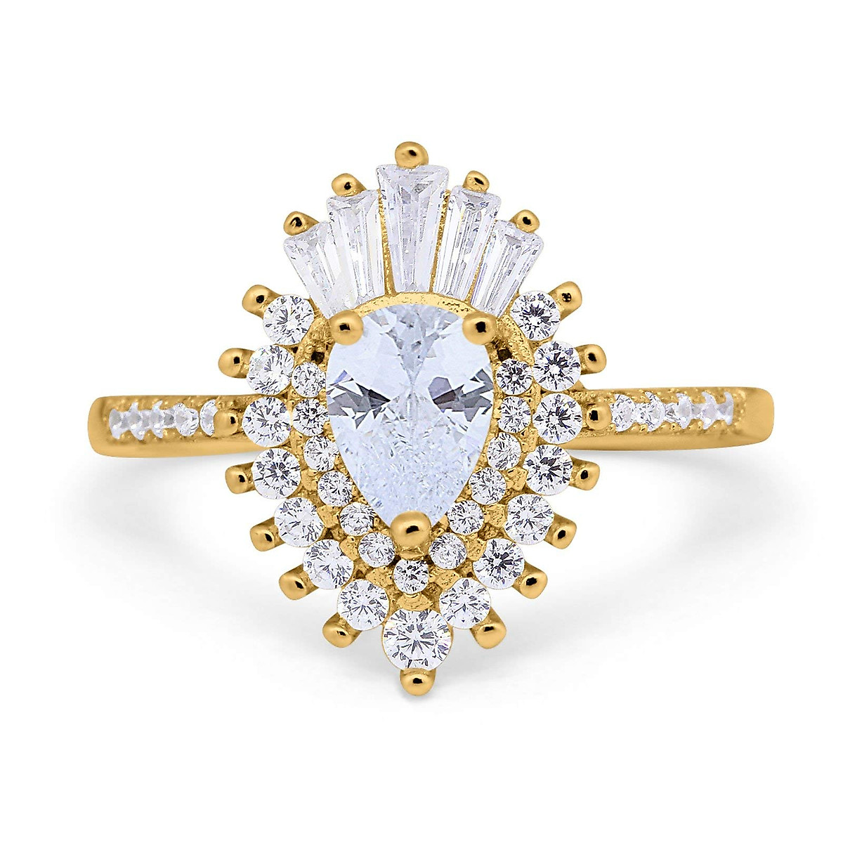 Blue Apple Co. Yellow Tone, Simulated Cubic Zirconia Size-6 Art Deco Teardrop Pear Wedding Engagement Ring Baguette Round CZ 925 Sterling Silver