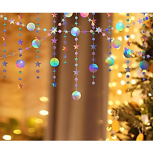 UNICORN ELEMENT Iridescent Birthday Decorations with Happy Birthday Banners, Iridescent Aluminum Foil Balloons, Hexagonal Star Round Ornaments, Sparkly Circle Garlands Hanging and Party Tablecloth for Birthday Party Supplies