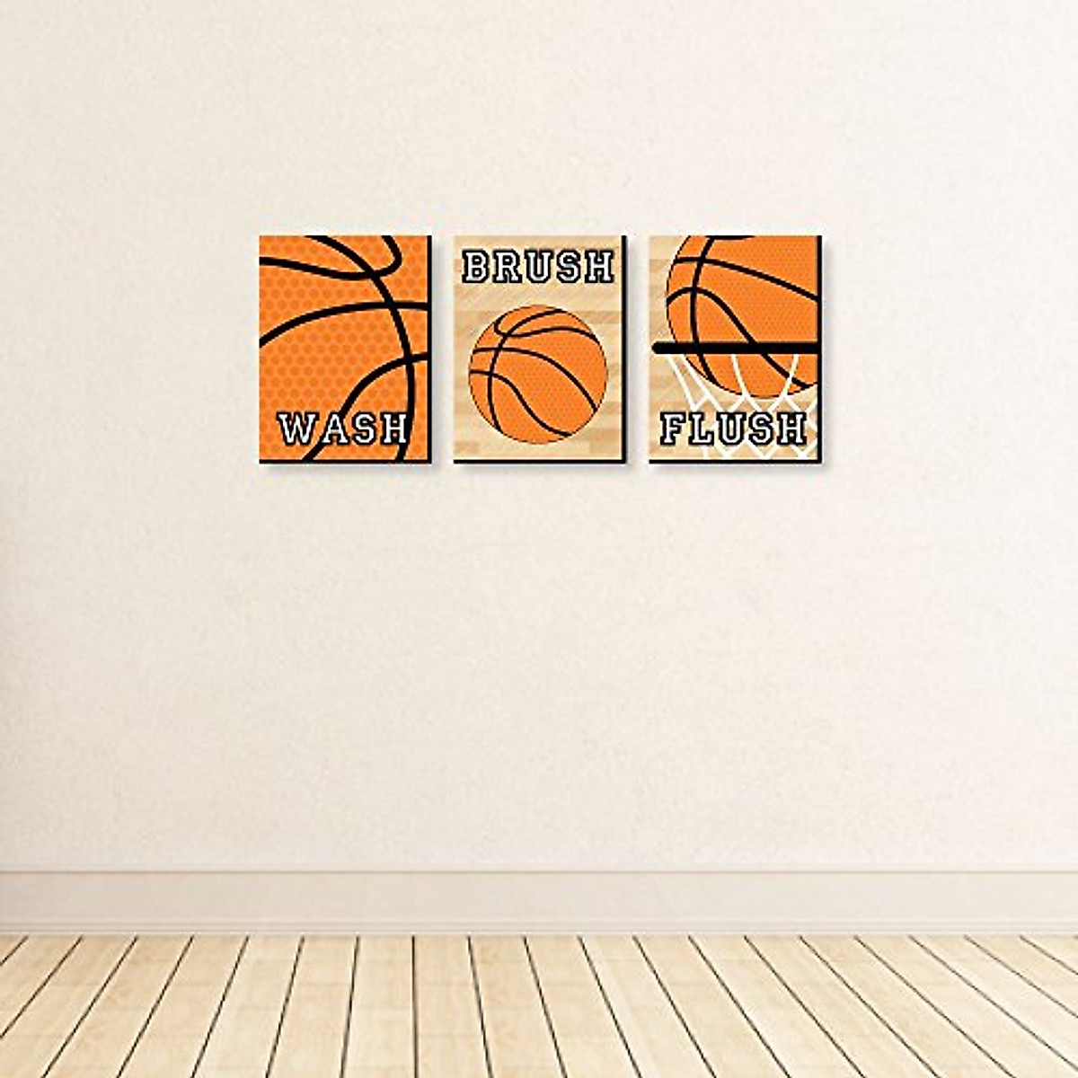 Big Dot of Happiness Nothin' but Net - Basketball - Kids Bathroom Rules Wall Art - 7.5 x 10 inches - Set of 3 Signs - Wash, Brush, Flush