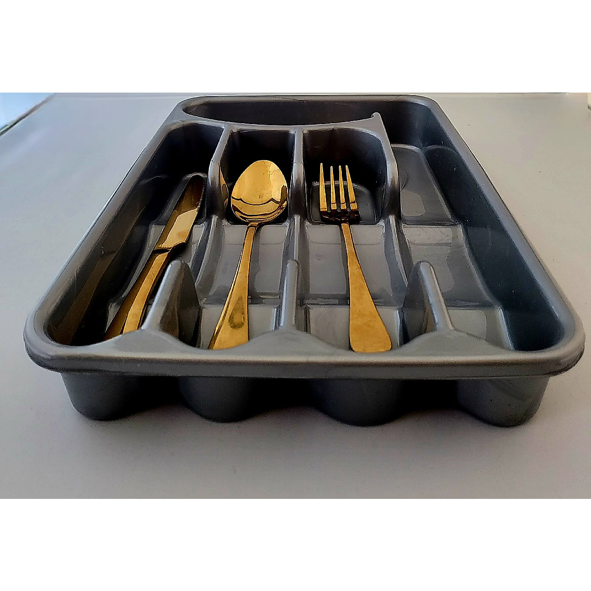 Utensil and Silverware Organizer tray for drawer with cover -Cutlery Flatware Organizer with lid - for kitchen drawer, BBQ , picnic, Covered flatware tray,5 Compartments - Plastic (SILVER)