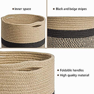 TIMEYARD Sturdy Jute Rope Plant Basket Modern Woven Basket for 10" Flower Pot Floor Indoor Planters, 11” x 11” Storage Organizer Basket Rustic Home Decor, Black and Beige Stripes