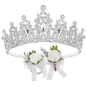 AOPRIE Corsage and Boutonniere Set Artemis Comb Tiara and Crown for Women Bride Flower Wristlet Band Bracelet of Wedding Accessories Man Suit Decorations Favor Gift