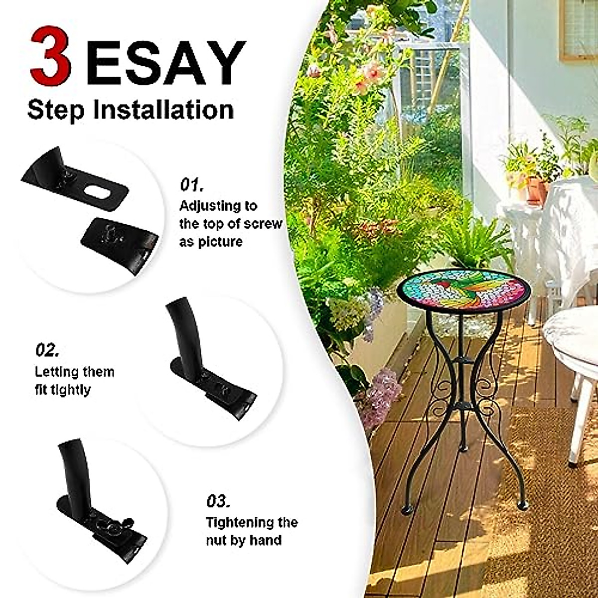 LIFFY Outdoor Mosaic Side Table Hummingbird Garden End Table Small Patio Round Printed Glass Table for Yard or Lawn