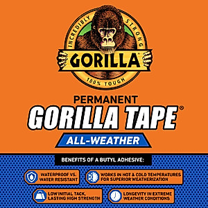 Gorilla All Weather Outdoor Waterproof Duct Tape, UV and Temperature Resistant, 1.88" x 25 yd, Black, (Pack of 1)