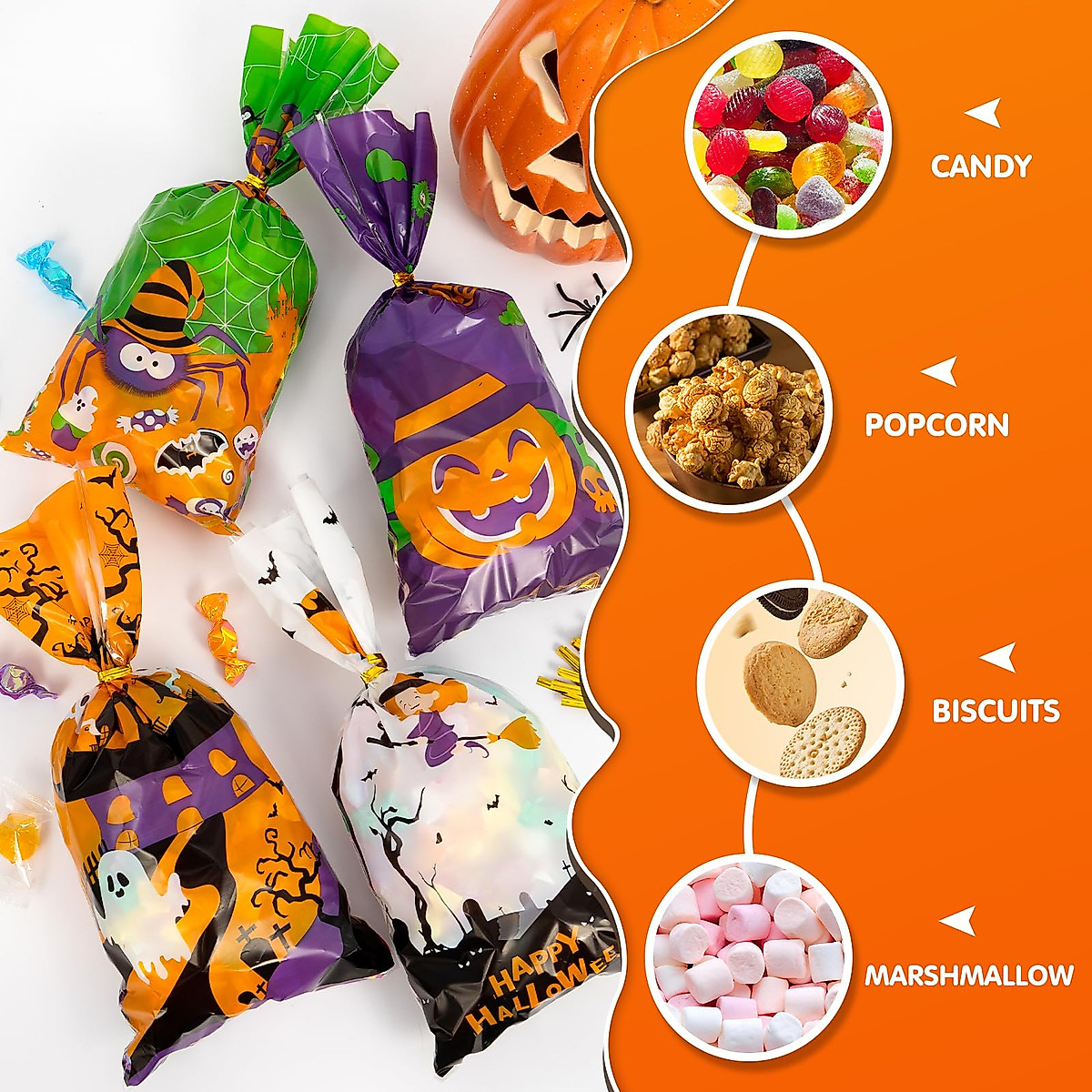 Normacaw 150Pcs Halloween Treat Bags, Halloween Goodie Bags, Halloween Candy Bags, Halloween Party Supplies for Treat or Trick