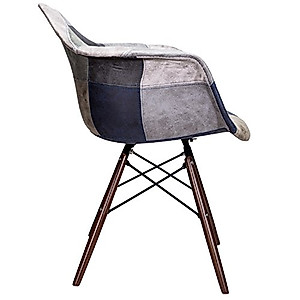 CozyBlock Mooku Blue & Gray Patchwork Leatherette Fabric Upholstered DAW Dining Accent Arm Chair with Dark Walnut Leg