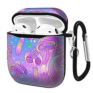 Slim Form Fitted Printing Pattern Cover Case with Carabiner Compatible with Airpods 1 and AirPods 2 / Psychedelic Hallucination Magic Mushrooms Pattern