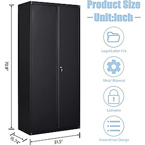 GREATMEET Metal Storage Cabinet with Locking Door and 4 Adjustable Shelves,70.8" H Lockable Steel Storage Cabinet for Home,Office,School Black