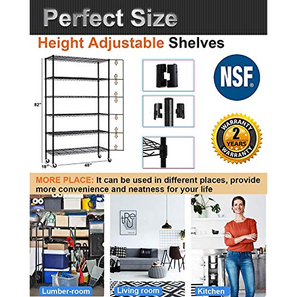 LLLstore 6-Tier Storage Metal Shelf Wire Shelving Unit 2100Lb Capacity Adjustable Heavy Duty Storage Rack with Wheels NSF Metal Shelf for Closet Kitchen Garage Basement, 82" H x 48" L x 18" D- Black