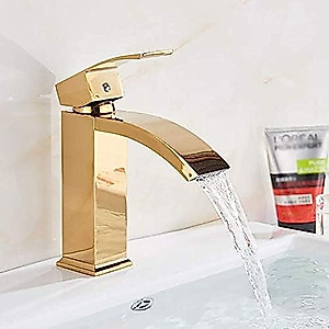 Kitchen Bathroom Faucet,Waterfall Basin Sink Faucet Hot Cold Mixer Tap,Single Handle Deck Mount Bath Wash Faucets Gold Sink Tap (Color:Gold) (Color : Gold),Gold